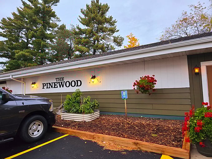The Pinewood's simple exterior hides culinary treasures within. Those yellow parking lines might as well say "Park here for happiness."