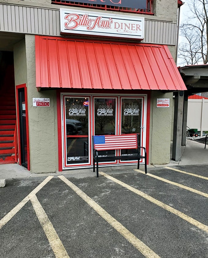Billie Ann's Diner (entrance close-up): That patriotic bench isn't just seating—it's where you'll rest while contemplating a second slice of pie.