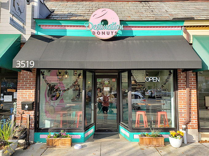 The cheerful facade of Destination Donuts promises a colorful experience inside—both visually and for your taste buds.