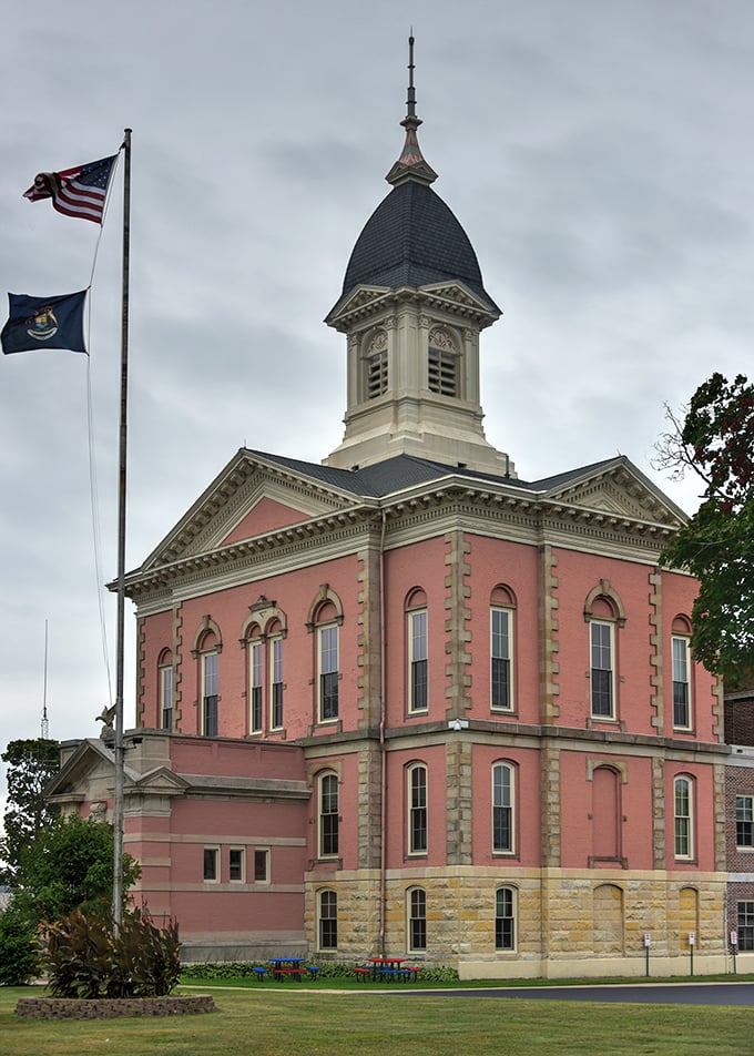 The pink-hued courthouse in Menominee stands like a Victorian grande dame overseeing the comings and goings of modern life.