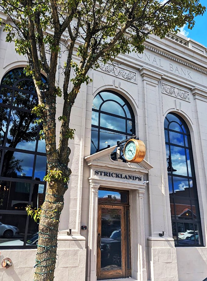 That stately clock above Strickland's door isn't just decorative—it's counting down the minutes until your next amazing steak dinner.