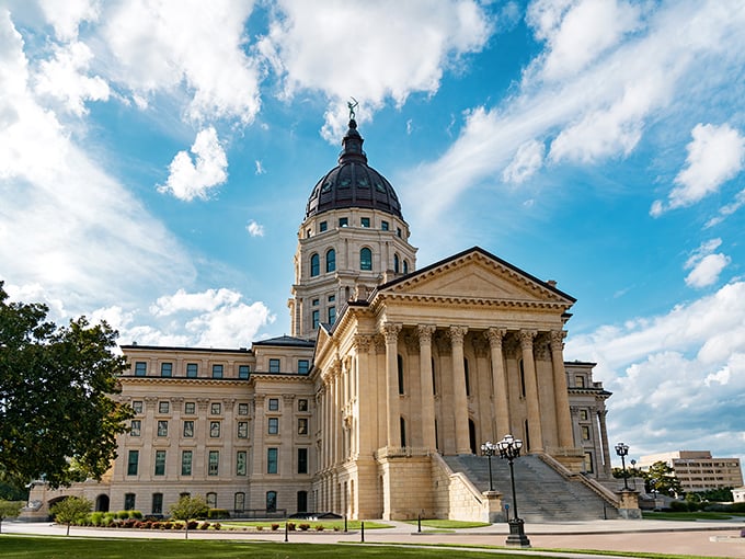 Topeka's majestic capitol building stands tall, while the city's cost of living stays refreshingly low for those living on Social Security.