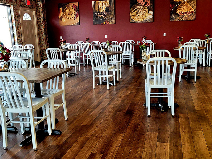 Red walls adorned with food photography create an inviting backdrop for pie contemplation and the inevitable "mmms" that follow each bite.