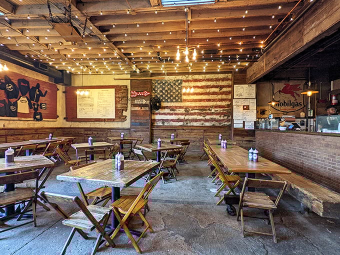The American flag art isn't just decoration—it's a reminder that barbecue might be our most delicious contribution to world cuisine.
