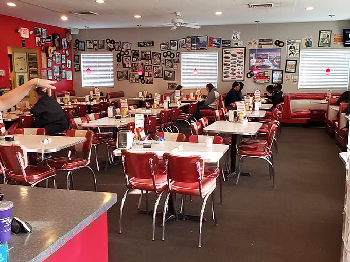 Red and chrome create the classic diner palette, while every table tells a different story. This isn't just eating—it's participating in an American tradition.
