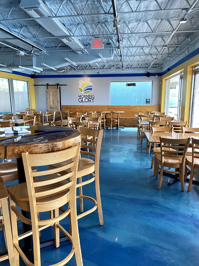 Morning Glory's dining room feels like breakfast's natural habitat—bright, airy, and ready for the day. The blue floor reflects the nearby ocean's invitation.