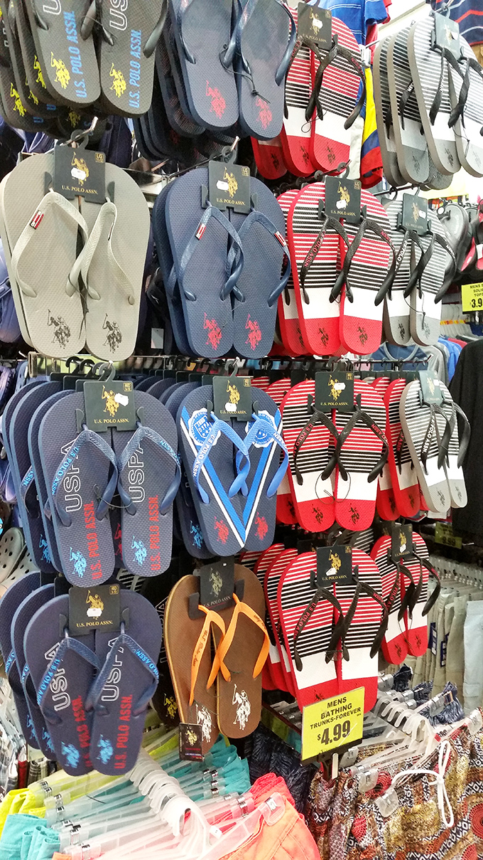 U.S. Polo flip-flops in every color imaginable – because New York summers demand footwear that's both practical and surprisingly affordable.