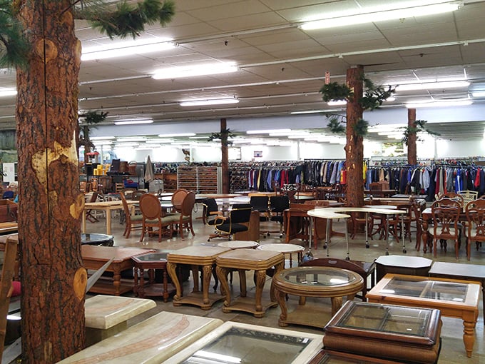 The distinctive rustic-meets-practical aesthetic carries throughout the space, with clothing, furniture, and decor all sharing the same sprawling floor plan.