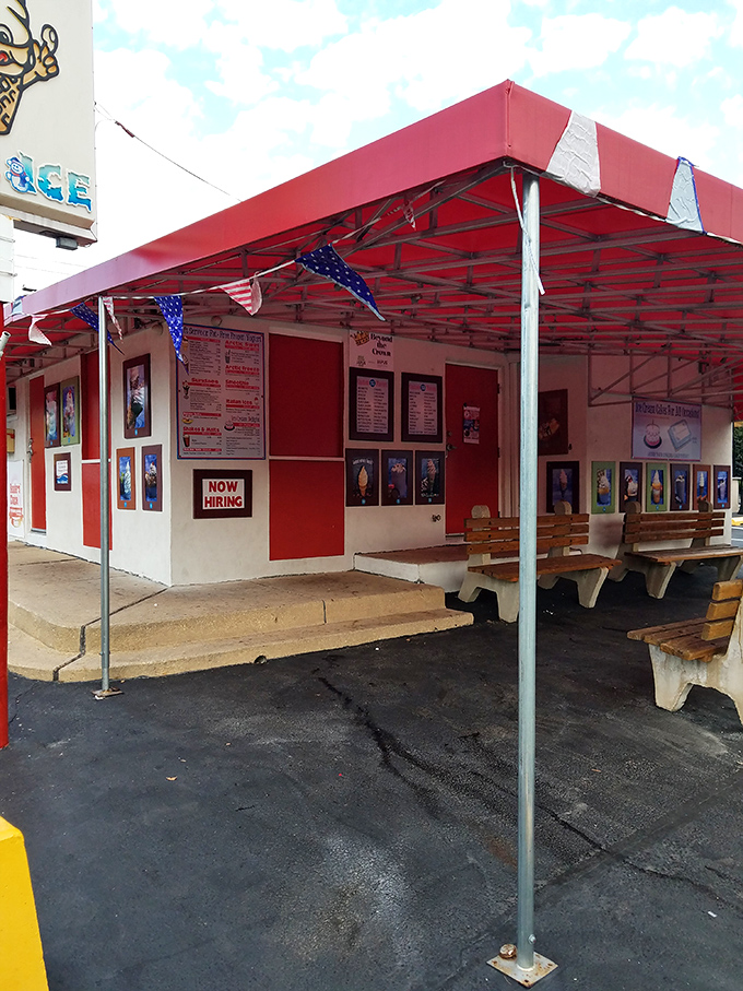 Red awnings and wooden benches—where strangers become friends united by the universal language of "brain freeze was totally worth it."