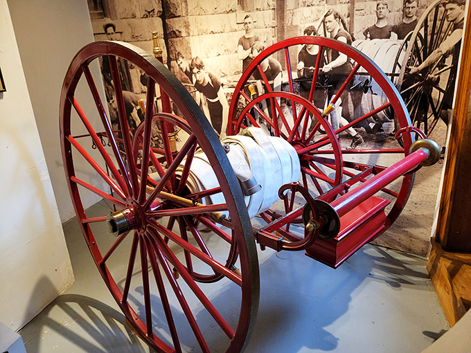This antique fire hose reel isn't just practical history—it's a vibrant reminder that even emergency equipment was beautifully crafted in bygone days.