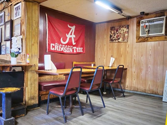 That Crimson Tide flag isn't just décor—it's a reminder that in Tuscaloosa, football and barbecue are practically religions, often practiced together.