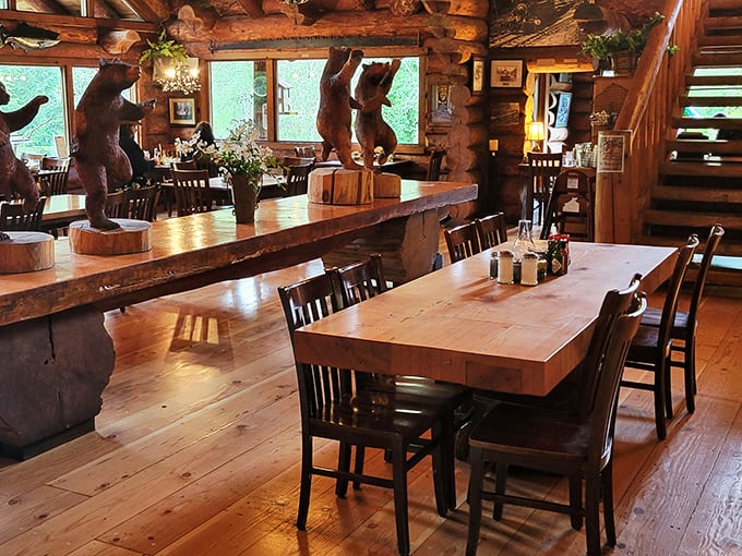The dining room feels like you've been invited into a timber baron's great hall, where every wooden surface tells a story of the forest.