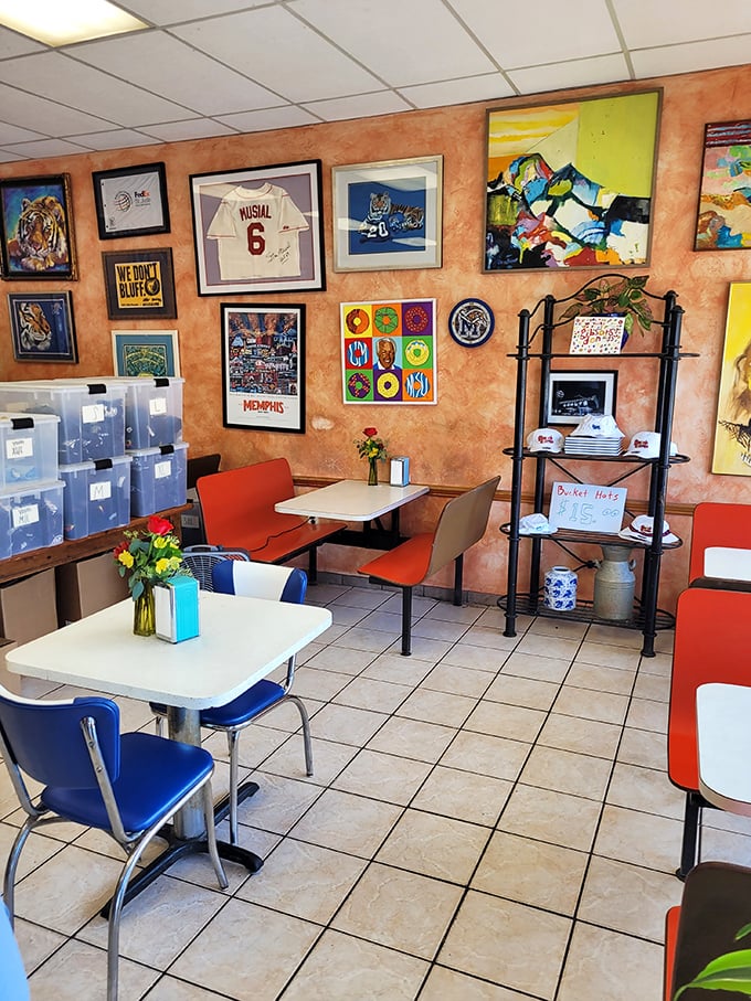 The dining area feels like a Memphis living room, where artwork and memorabilia tell stories while you create your own donut memories.