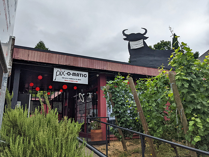 Pix-O-Matic's distinctive red exterior with its whimsical cow mascot – dessert automation at its finest.