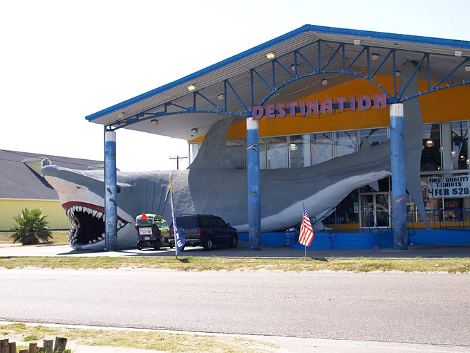Nothing says "Port Aransas character" quite like a giant shark mouth entrance—subtle isn't in the coastal town's vocabulary.