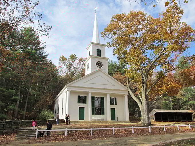 Sturbridge's white church steeple rises above the trees, a classic New England sight that's been gathering neighbors together for generations.