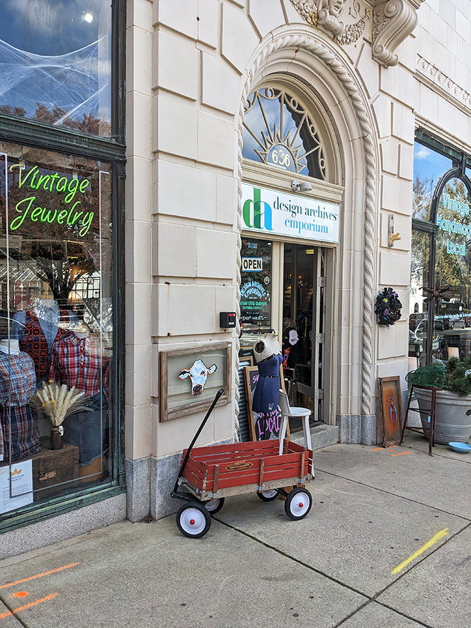 Architectural details frame this vintage emporium's entrance like a portal to the past. Inside, curated collections span decades of design history.