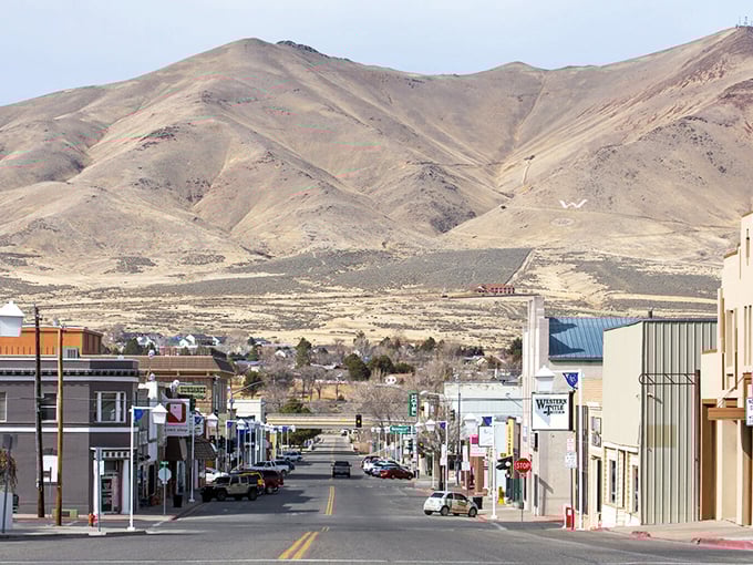 The view down Winnemucca's main street reveals layers of mountains – nature's artwork comes complimentary with every affordable home.
