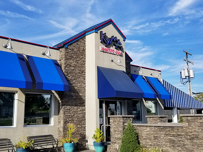 The blue awnings of Kyma Seafood stand out like a Mediterranean mirage in Stevens, Pennsylvania—a coastal oasis in Amish country.