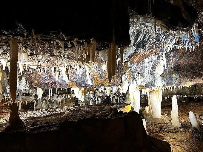 Nature's own chandelier factory has been hard at work for millennia, crafting these delicate stalactites that dangle like prehistoric icicles frozen in time.
