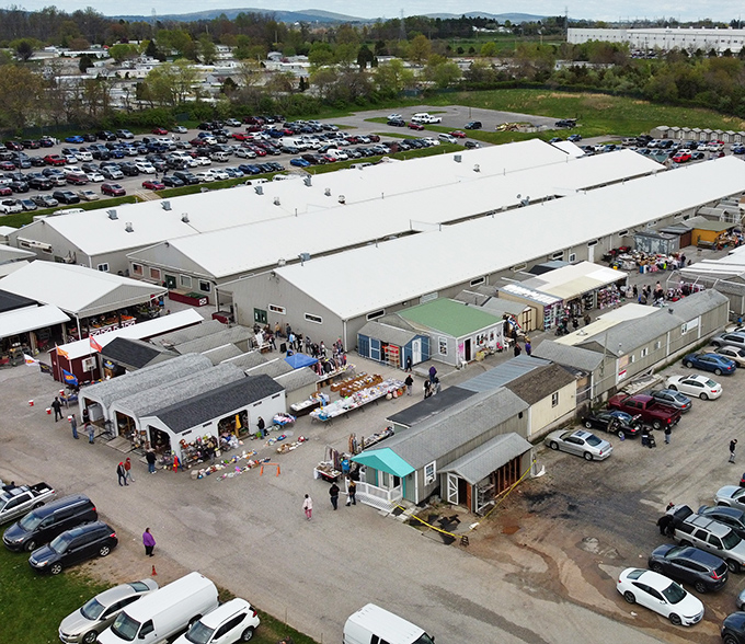 The aerial view reveals Morning Sun Marketplace's impressive scale—a treasure hunter's paradise where parking lots fill early with eager bargain seekers.