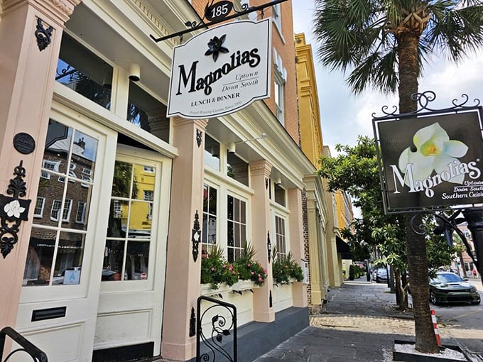 Magnolias' pink façade stands like Charleston's culinary equivalent of a Southern belle—graceful, inviting, and hiding delicious secrets behind those elegant windows.