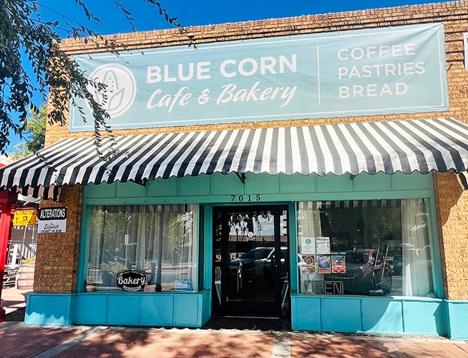 The charming turquoise storefront with its classic black-and-white striped awning stands out like a culinary oasis in historic downtown Glendale.