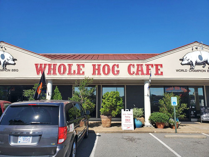 The unassuming facade of Whole Hog Cafe proudly announces its "World Champion BBQ" status—like a poker player who doesn't need to bluff.
