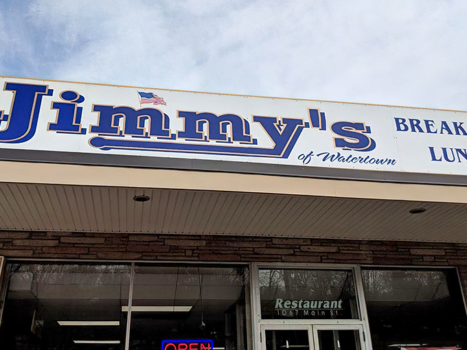 The blue sign beckons like an old friend on Main Street. Jimmy's unpretentious exterior promises honest food without the fuss.