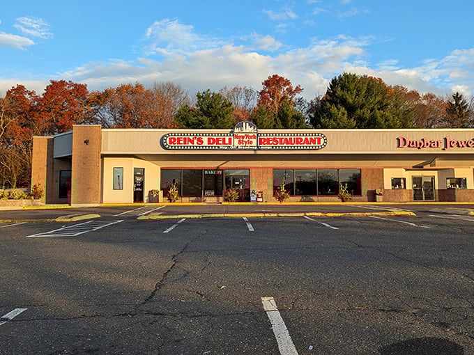 The iconic Rein's Deli sign glows like a beacon for hungry travelers on I-84, promising authentic New York deli magic in the heart of Connecticut.