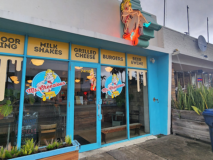 Ms. Cheezious announces itself with retro flair – that turquoise storefront and pin-up logo practically scream "comfort food lives here!"