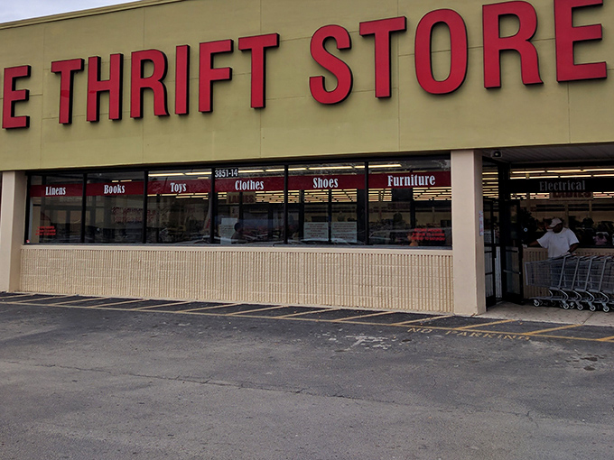 The no-frills exterior belies the wonderland within. Like a treasure chest, The Thrift Store's unassuming façade is the perfect disguise for bargain hunters.