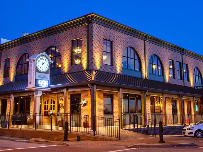 The brick exterior of Bare Bones Steakhouse stands proudly on Buford's Main Street, promising carnivorous delights within those welcoming walls.