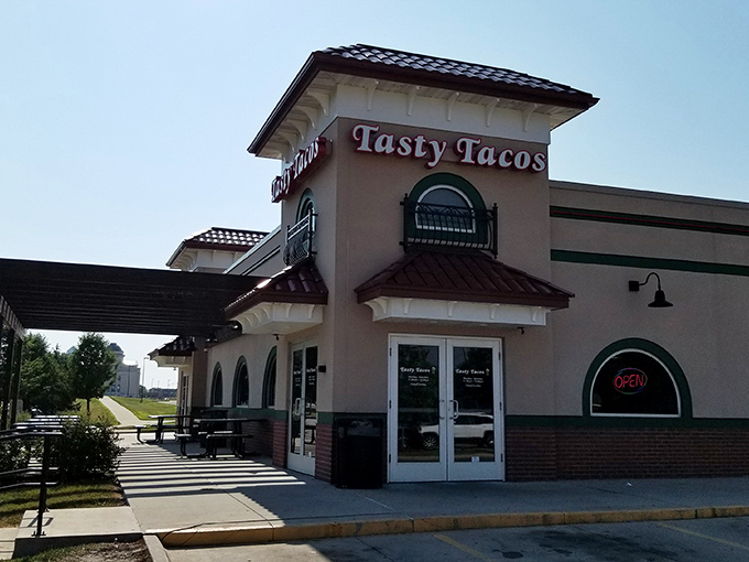 The modest exterior of Tasty Tacos belies the culinary treasures within—like finding a diamond mine disguised as a garden shed.