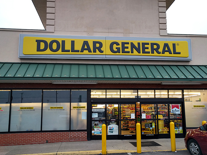 That iconic yellow sign promises budget-friendly treasures inside, like a beacon of affordability in these inflation-heavy times.
