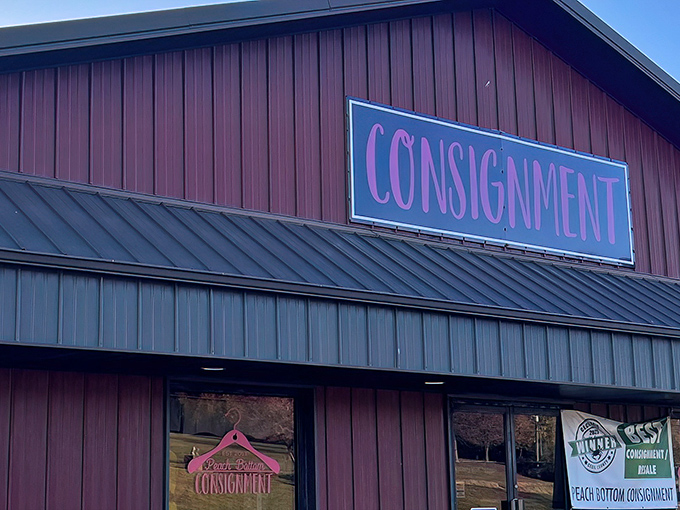 The burgundy building with its bold "CONSIGNMENT" sign doesn't need fancy marketing—it's like a treasure chest announcing itself to bargain hunters everywhere.