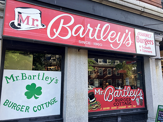 The iconic red signage of Mr. Bartley's stands as a beacon of burger excellence in Harvard Square, promising culinary salvation to hungry scholars and visitors alike.
