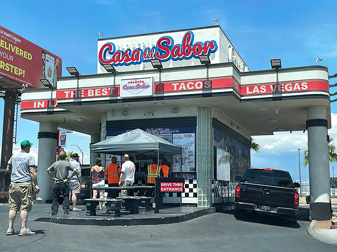 The retro-futuristic architecture of Casa del Sabor stands out like a beacon of hope for hungry travelers. Vegas knows good tacos don't need neon to shine.