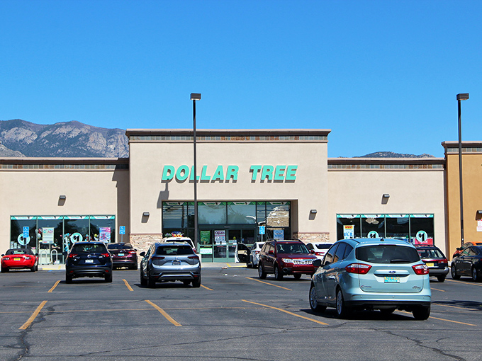 The beige stucco exterior with its iconic green signage stands like a beacon of bargains under New Mexico's famously blue skies.