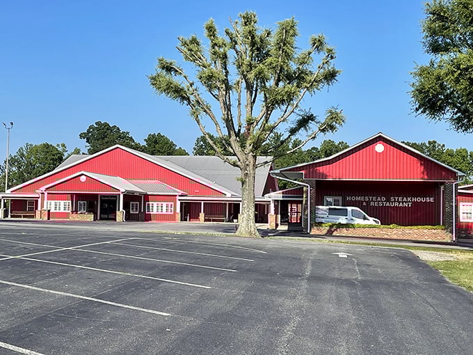 The bright red exterior of Homestead Steakhouse stands like a carnivore's lighthouse, beckoning hungry travelers from miles around. No fancy architecture needed when what's inside is this good.
