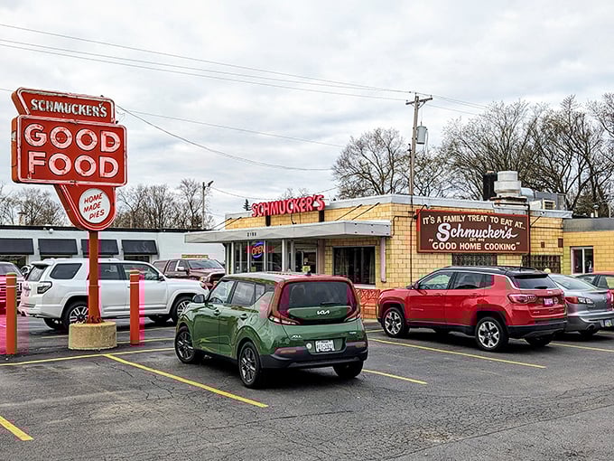 The sign says it all – "It's a Family Treat to Eat at Schmucker's." No flashy neon, no pretension, just a promise of good home cooking that's been kept since 1948.