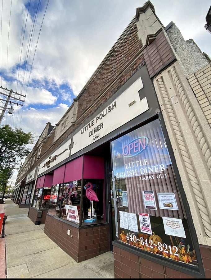 The unassuming brick façade of Little Polish Diner in Parma might not scream "culinary destination," but that pink awning hints at the colorful flavors waiting inside.