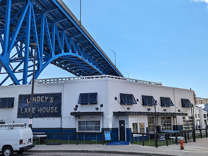 Lindey's Lakehouse stands proudly beneath Cleveland's iconic blue bridge, like a culinary lighthouse beckoning hungry travelers to safe, delicious harbor.