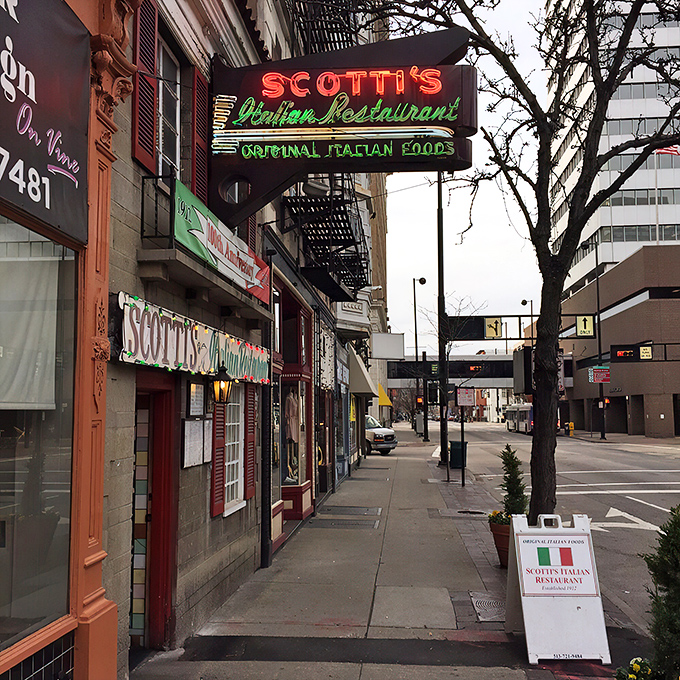 The iconic neon sign glows like a beacon for pasta pilgrims. Scotti's storefront has been stopping Cincinnati pedestrians in their tracks for generations.