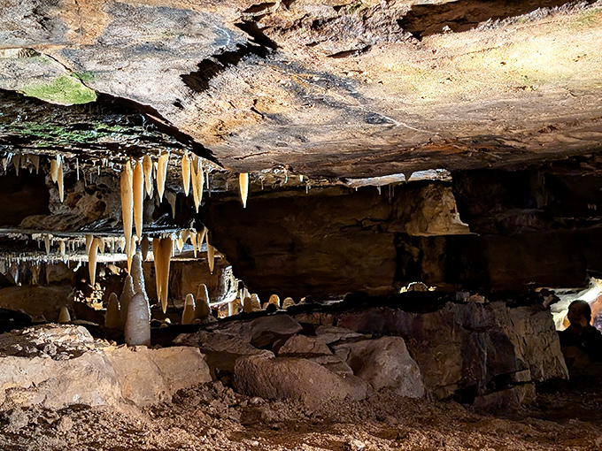 Nature's own chandelier factory has been hard at work for millennia, crafting these delicate stalactites that dangle like prehistoric icicles frozen in time.