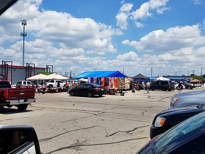 The treasure hunt begins! Under Ohio's vast blue skies, weekend warriors navigate a sea of tents where one person's castoffs become another's must-haves.