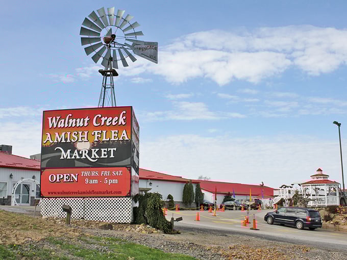The iconic windmill and red-roofed buildings of Walnut Creek Marketplace stand as a beacon for treasure hunters in Ohio's Amish Country.