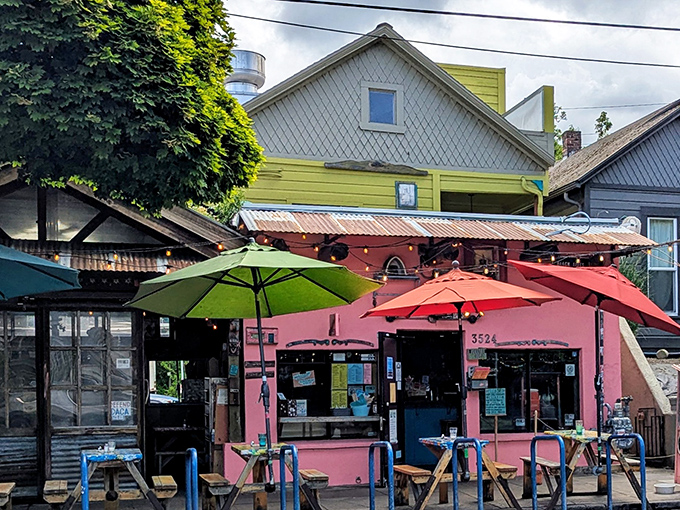 The pink facade of ¿Por Qué No? beckons like a tropical oasis in Portland, complete with string lights and a crowd that knows where the good stuff is.