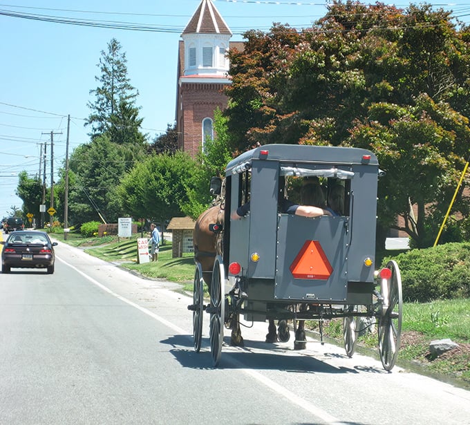 The classic Amish buggy against a church backdrop isn't just transportation—it's a moving postcard of a simpler time that somehow feels right at home in 2023.