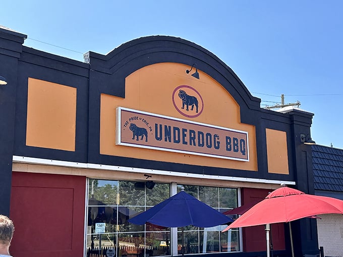 The orange and black facade of Underdog BBQ stands out like a beacon of hope for hungry travelers on West 8th Street in Erie.